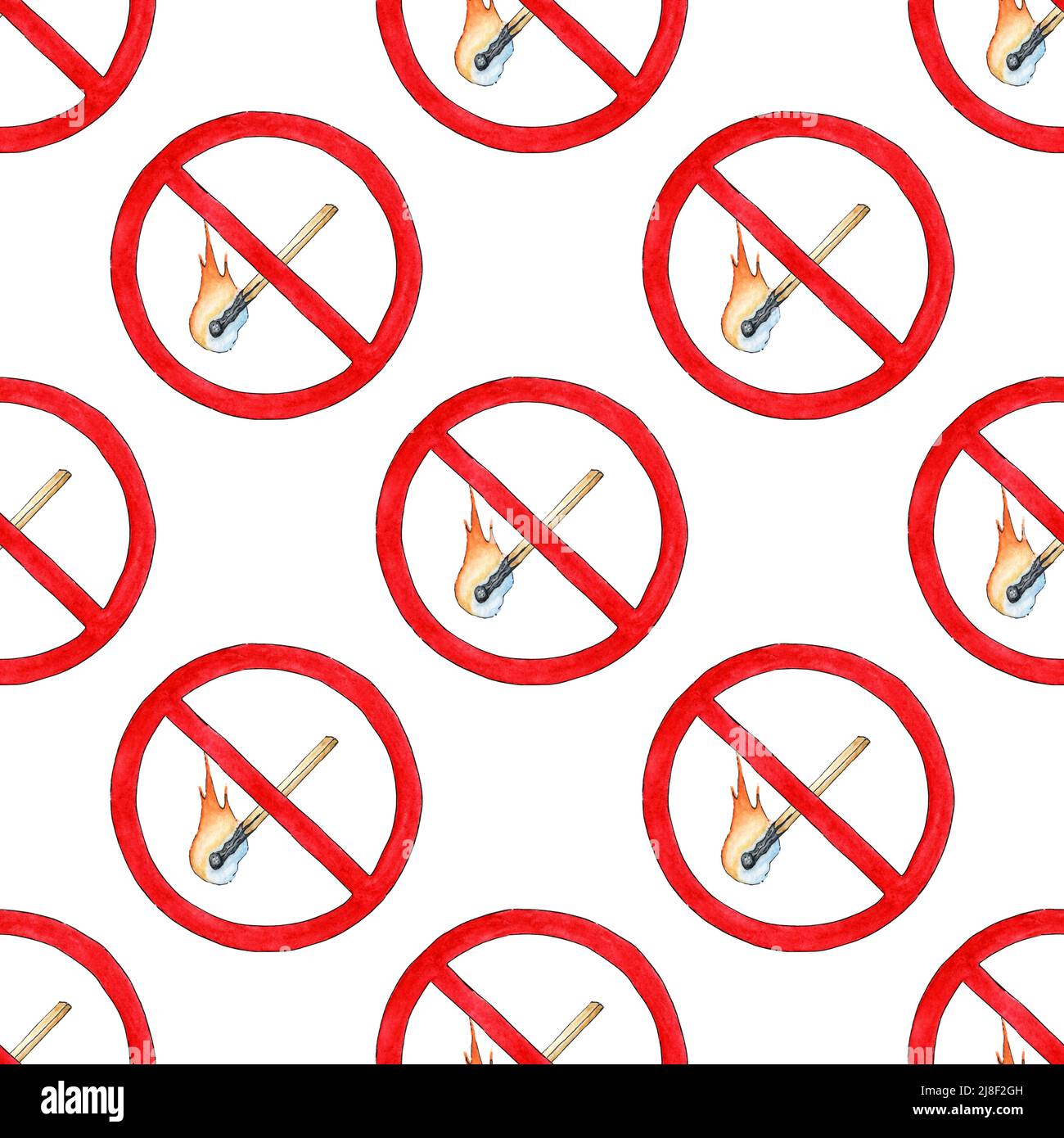 Watercolor illustration pattern of a flammable burning match in a red ...