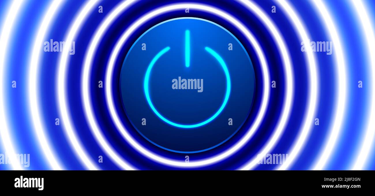Power button with blue neon circle lights, vector background. Start ...