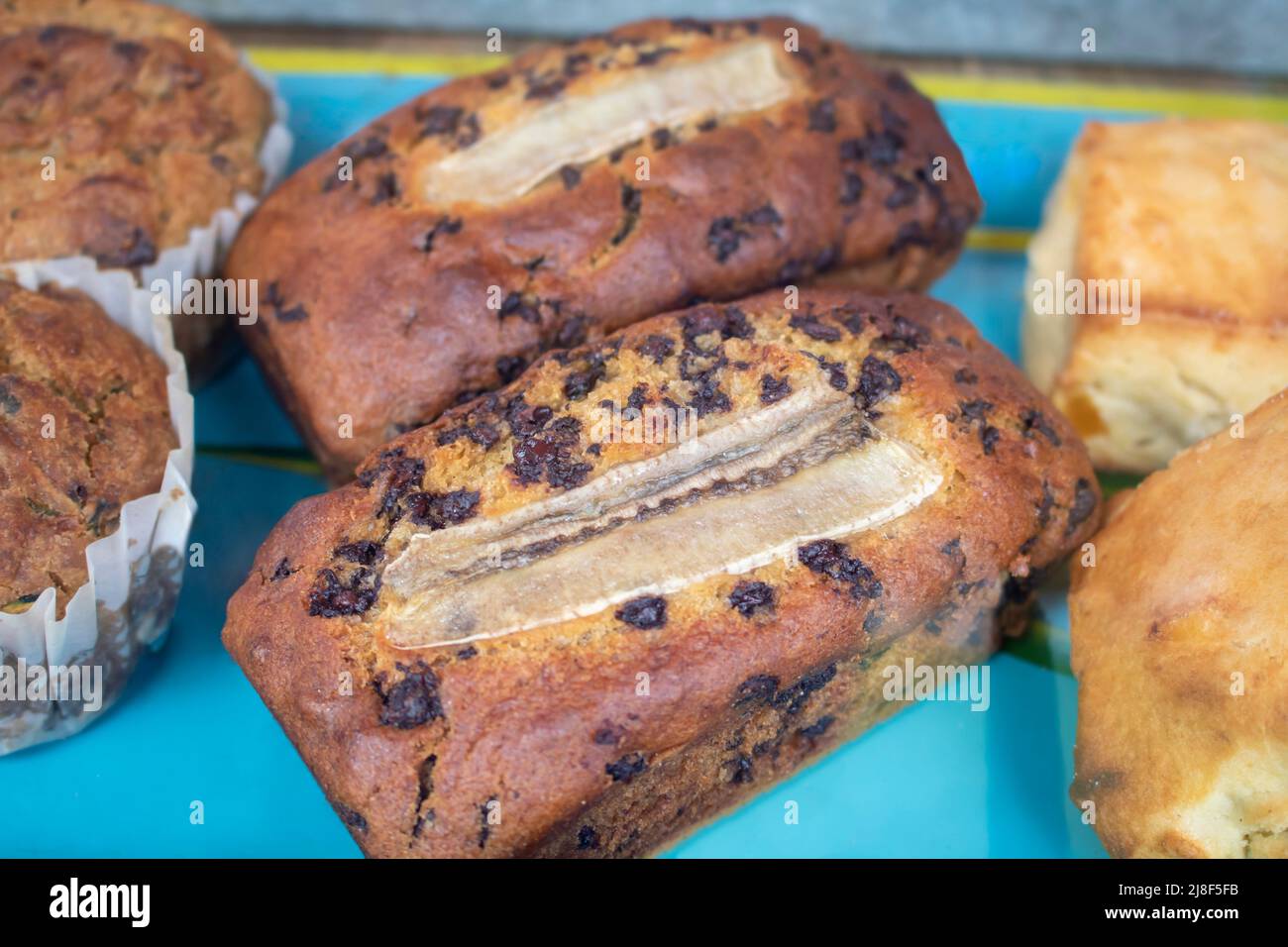 Freashly made banana chocolate bread loaves on display for purchase ...