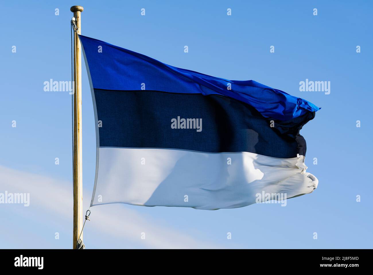 The flag of Estonia - horizontal stripes of blue, black and white on a ...