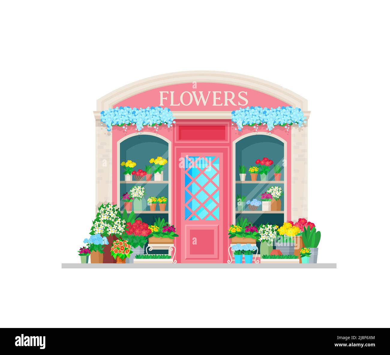 Flower shop building storefront facade. City store, local business ...