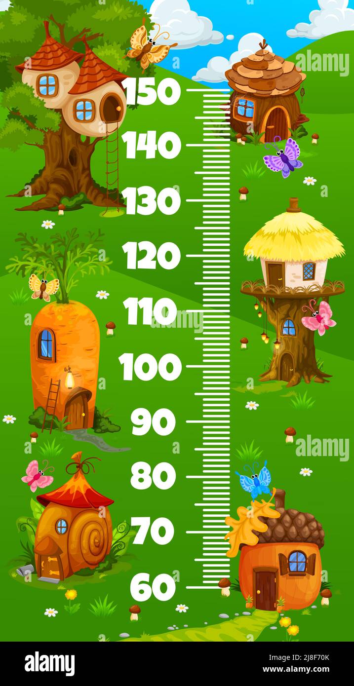 Kids height chart ruler, cartoon elf village and fairy houses of gnomes ...