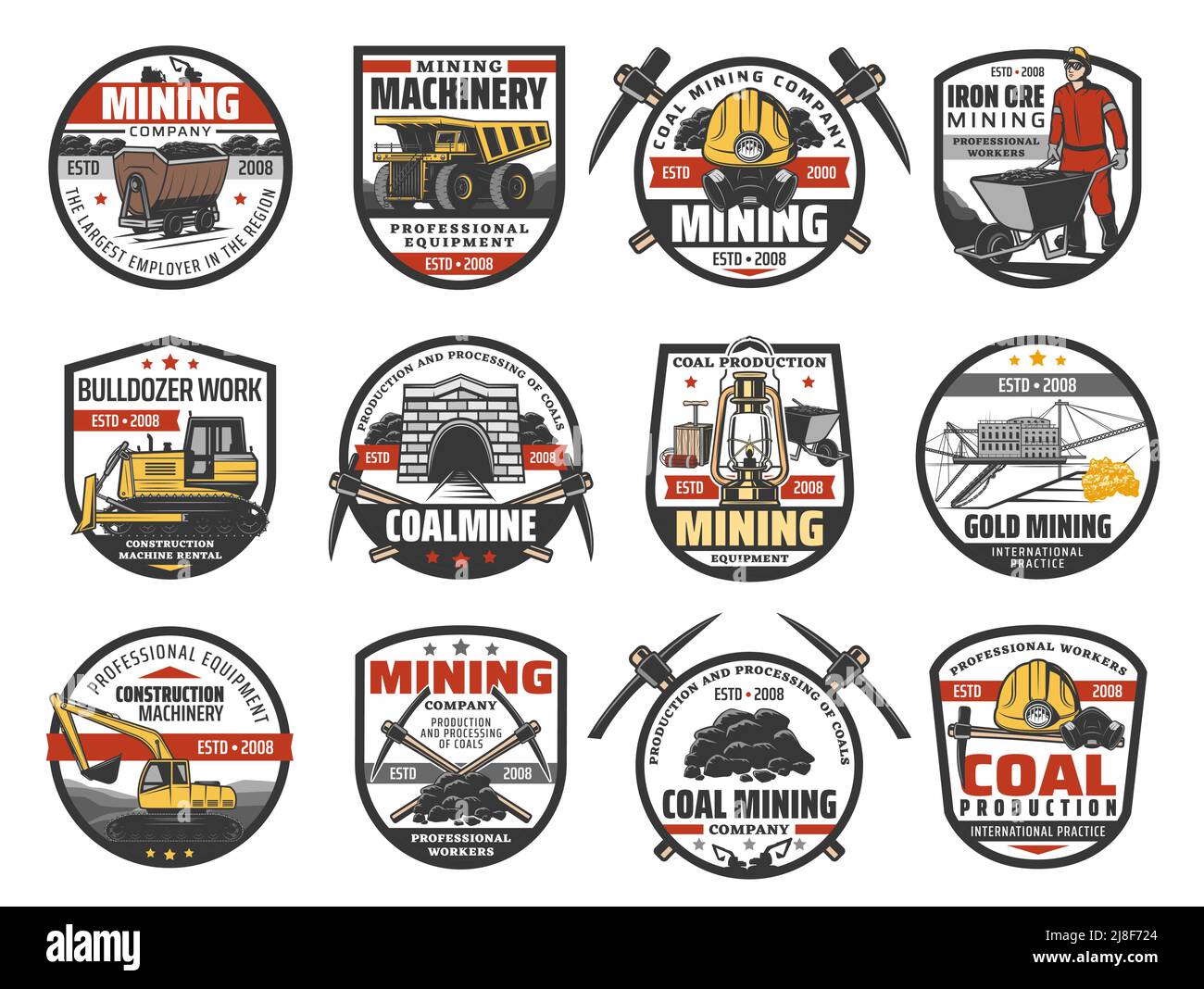 Coal and gold mining industry icon, coal mine machines and worker ...