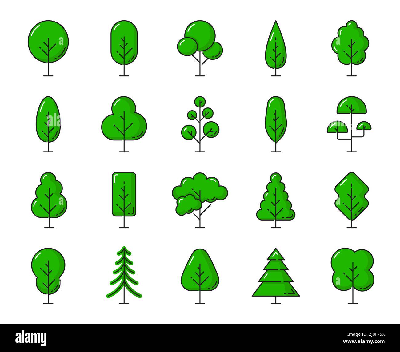 Forest green tree and plant outline icons, isolated vector garden and ...
