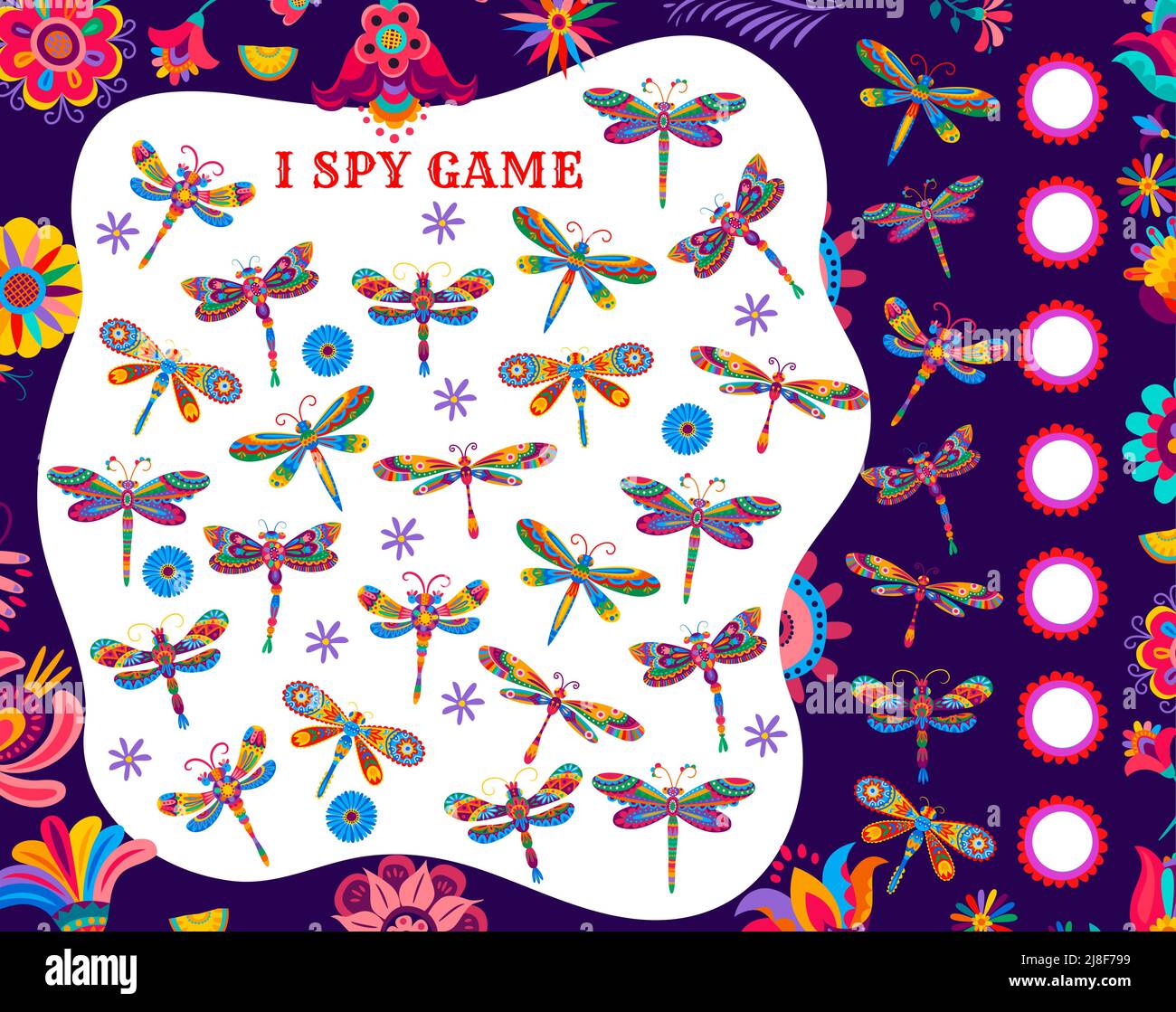 I spy game, count activity worksheet with bright mexican dragonflies ...