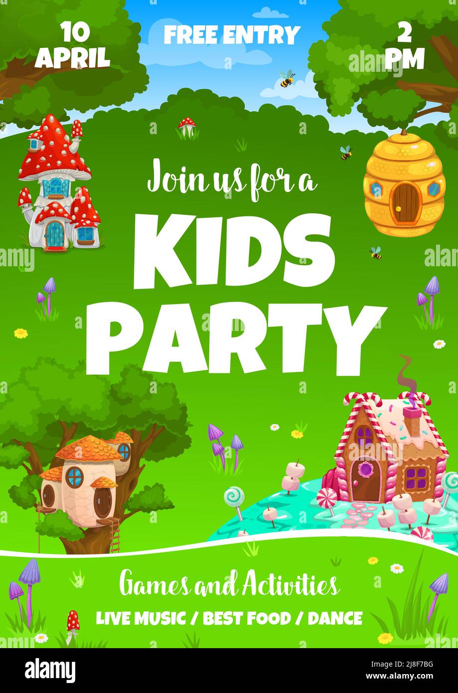 Kids party vector flyer with fairytale mushroom, beehive, caramel and ...