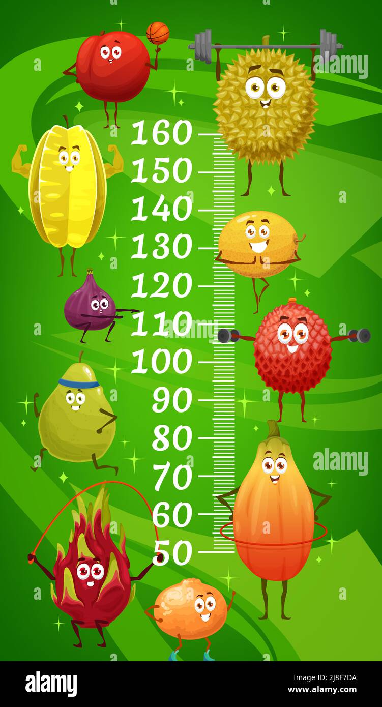Kids height chart of exotic fruits on fitness, vector growth measuring ...