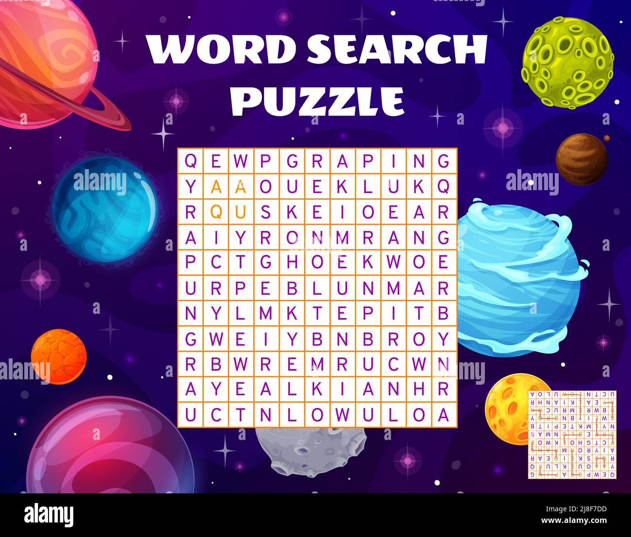 Find a color of space planets word search puzzle game worksheet, kids ...