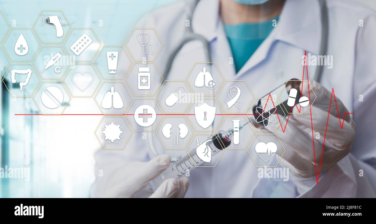 Medicine doctor with stethoscope in hand hold syringe icon medical ...