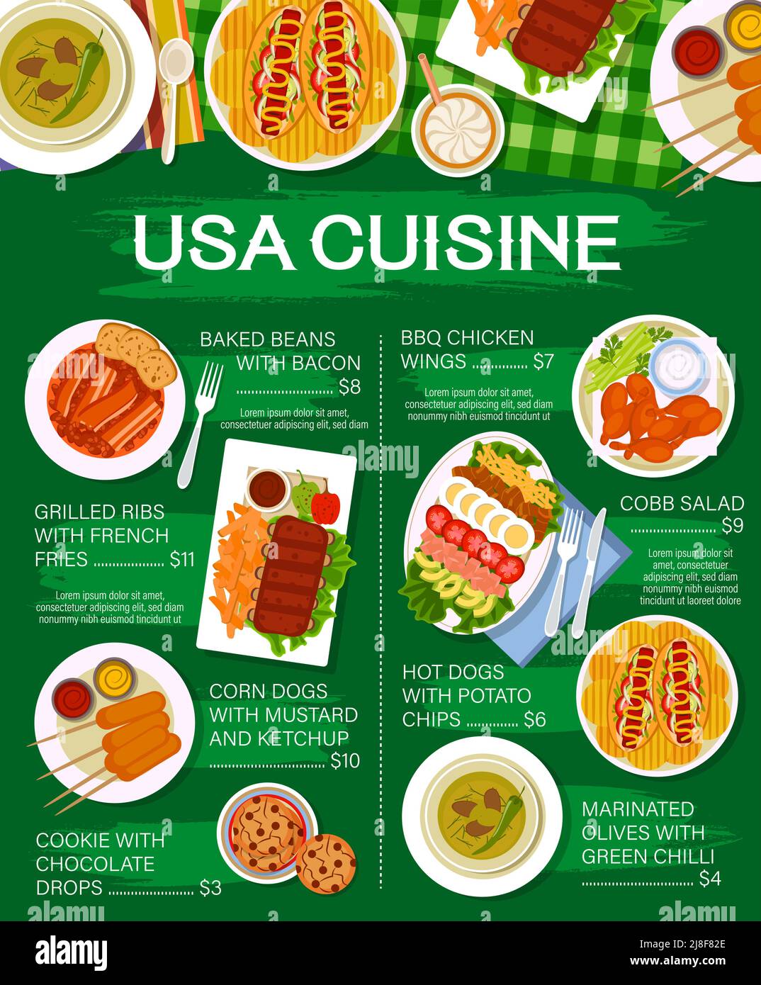 USA cuisine restaurant meat meals menu page. Baked beans with bacon ...