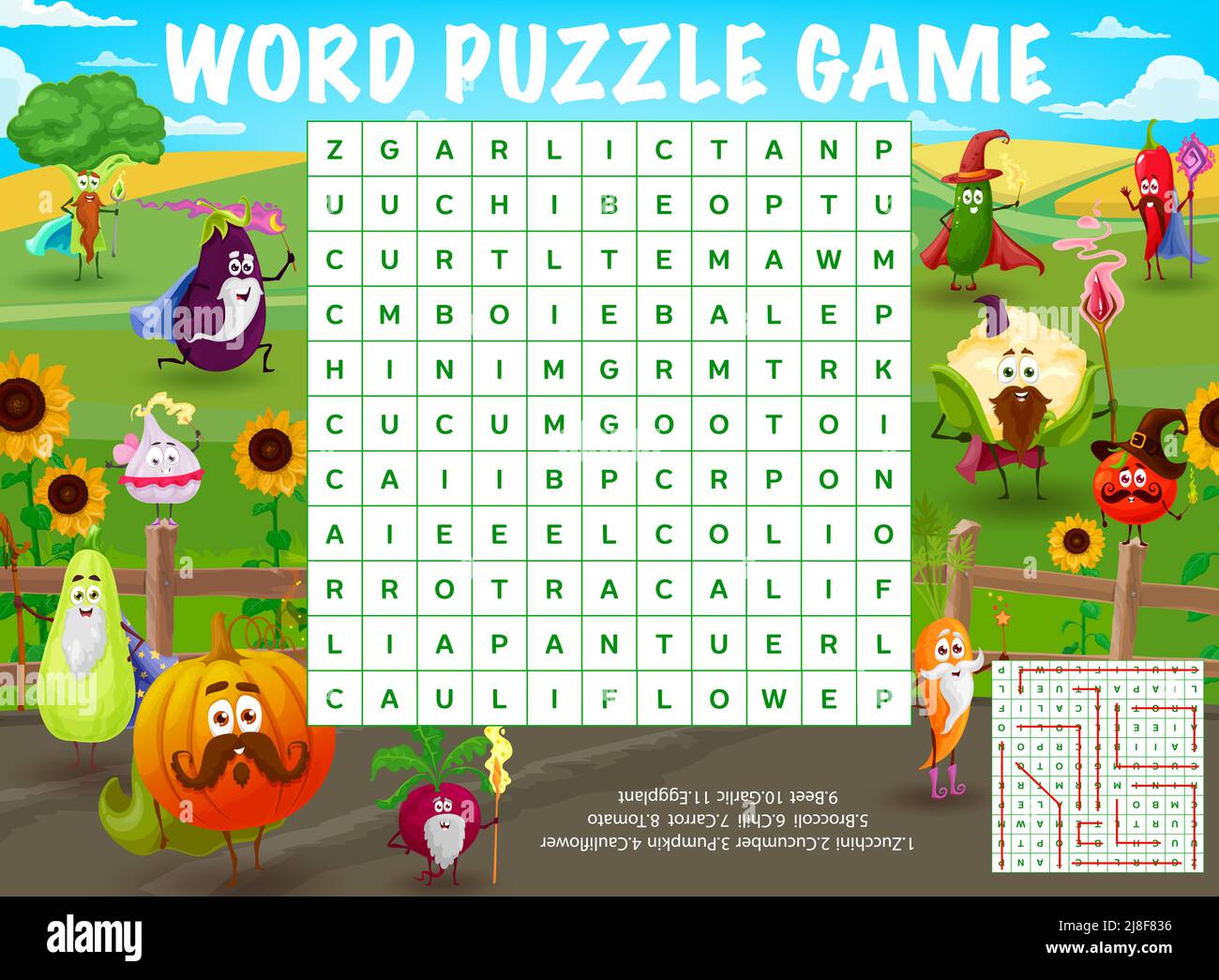 Cartoon vegetable wizard and magician characters on farm field word ...