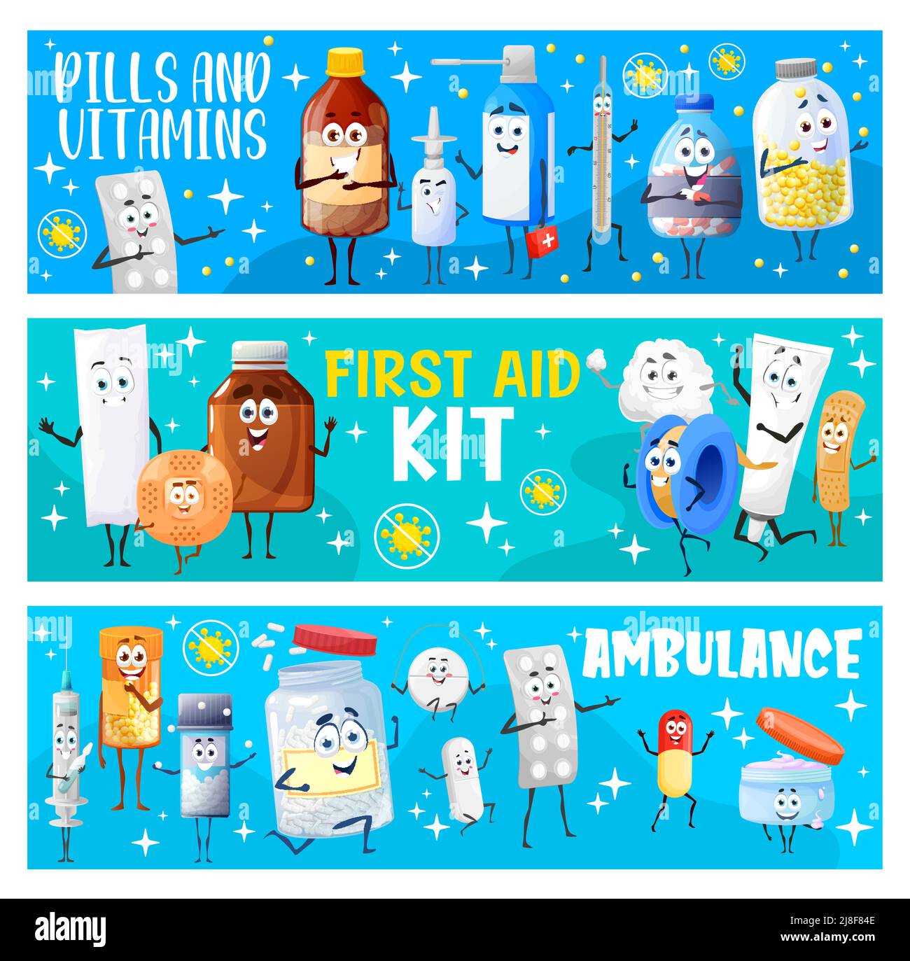 First aid kit, pills and vitamins with ambulance cartoon characters ...