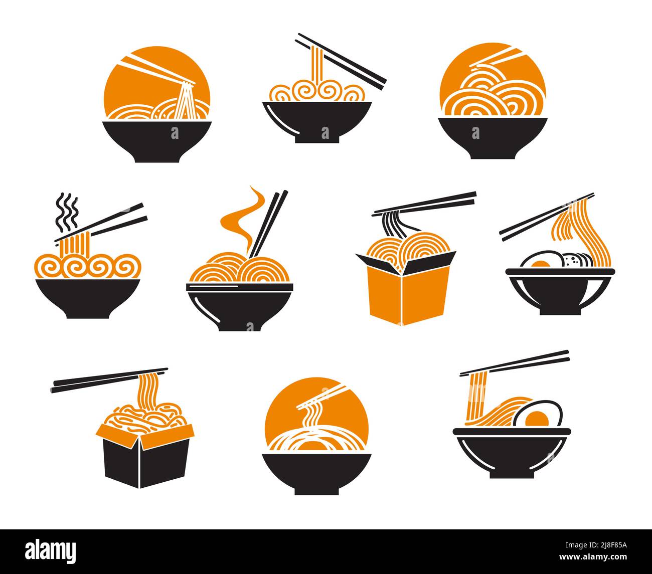 Asian ramen bowl and box of noodle soup, vector food icons for Chinese ...