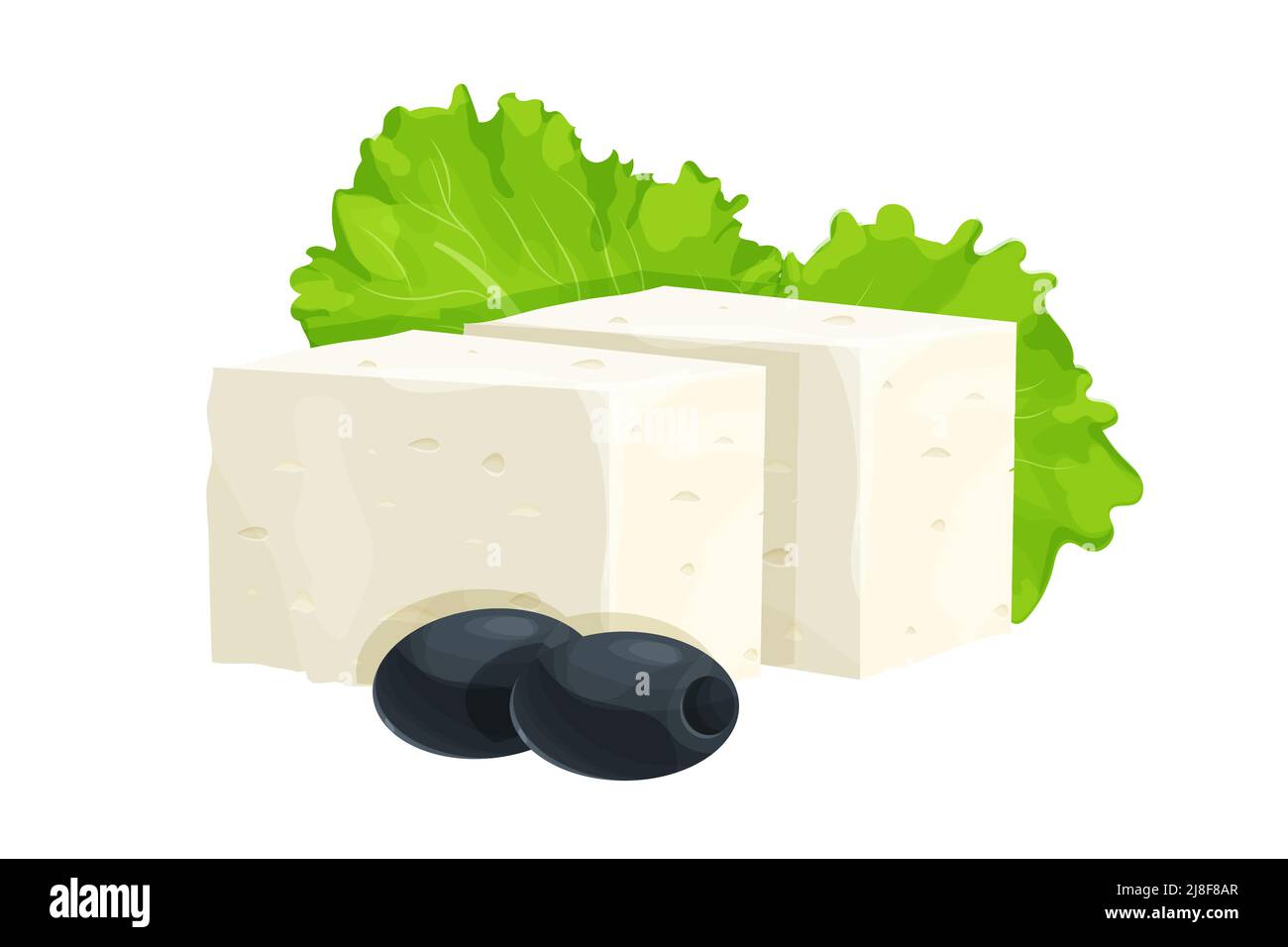 Feta cheese pieces decorated with black olives and lettuce leaves in ...