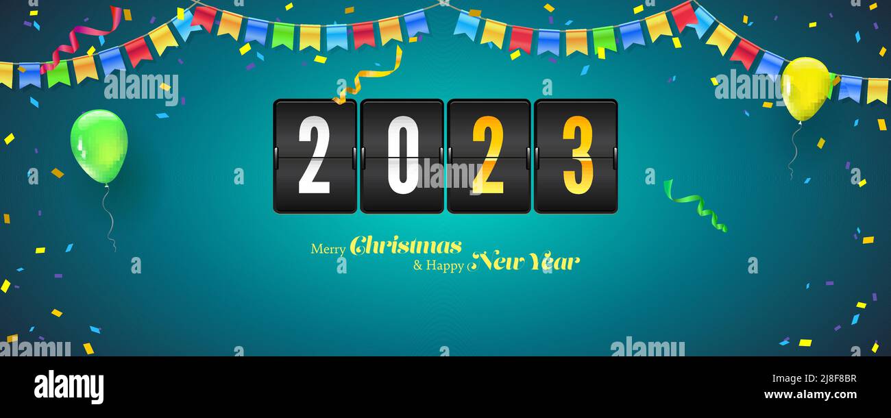 Countdown clock with numbers 2023. New year poster with pennants, balloons and confetti Stock ...