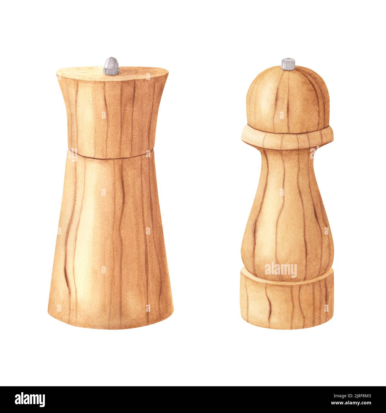 Set wooden kitchen utensils: pepper mill isolated on white background ...