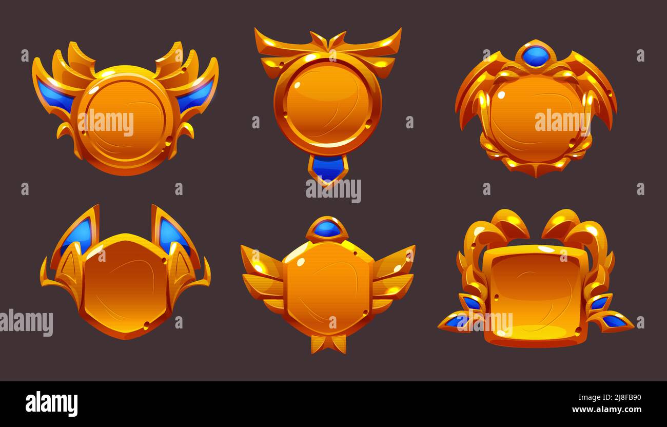 Game gold award badges with decorative frames.Vector cartoon icons set ...