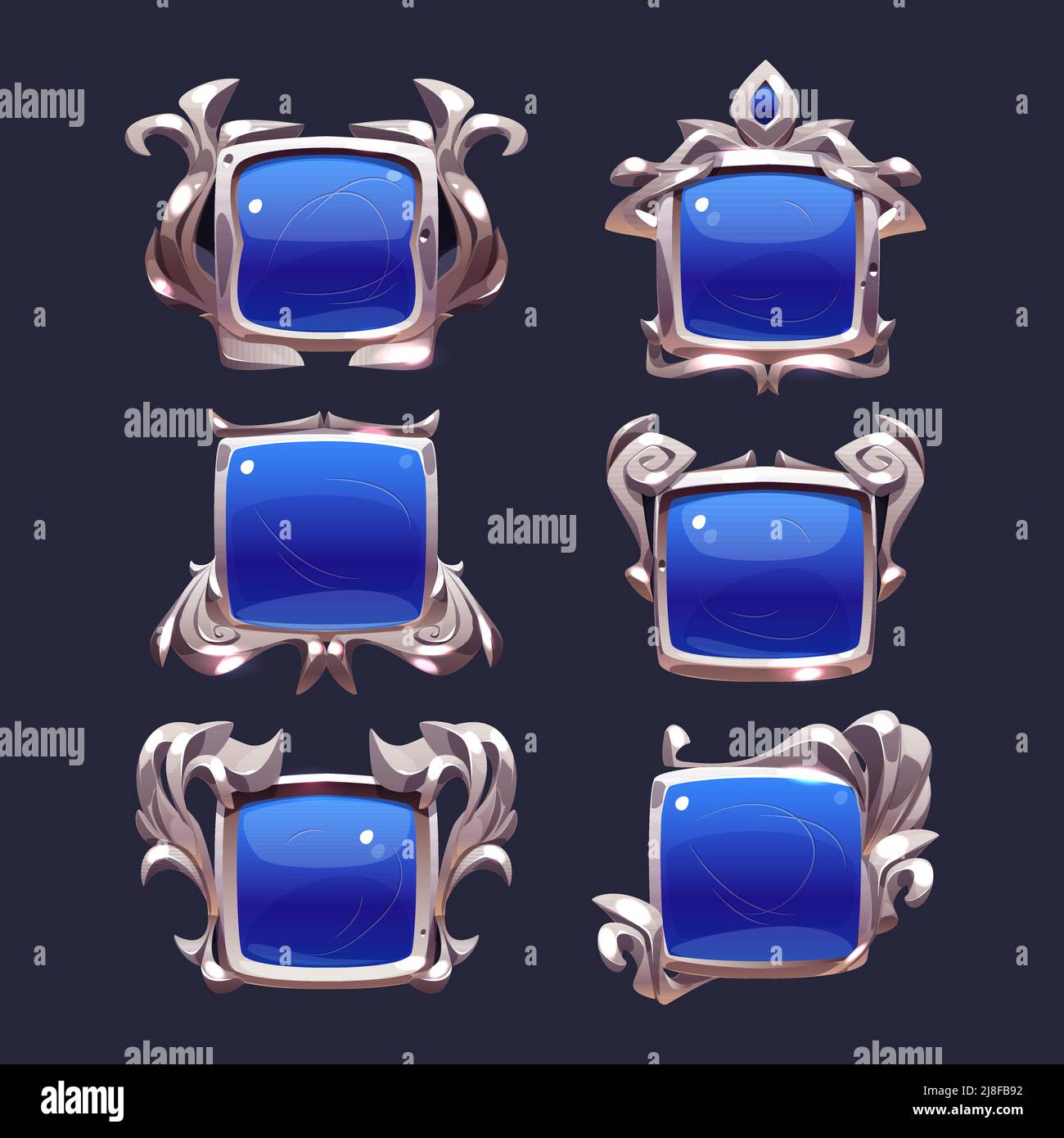 Blue buttons with silver decorative frames for rpg game interface ...