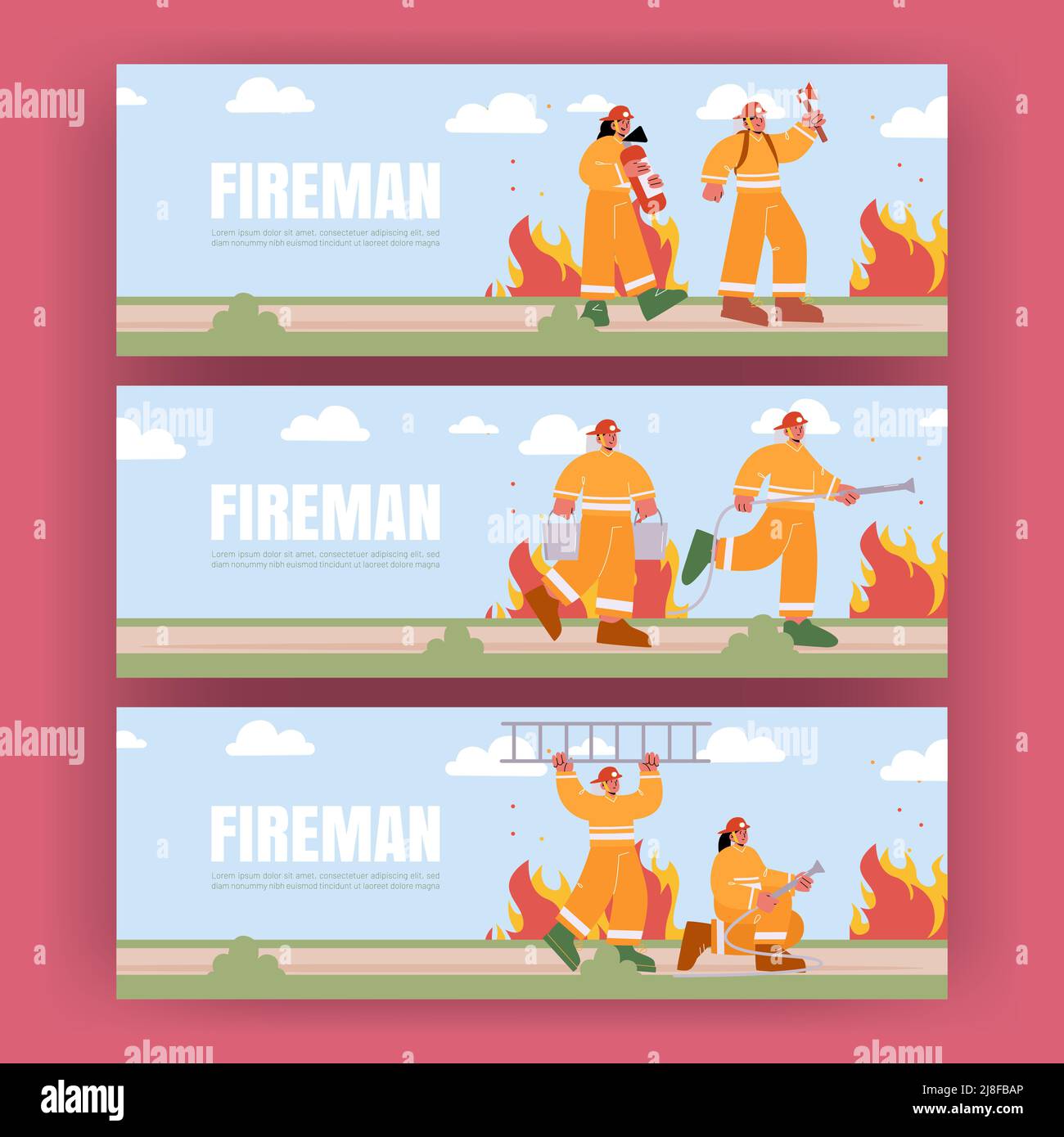 Fireman posters with fire brigade with extinguisher, water hose ...