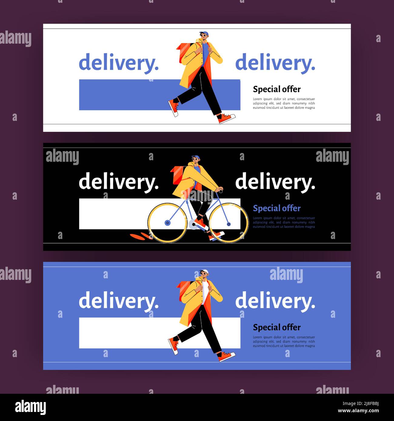 Delivery posters with man courier with backpack walk and ride on bike ...