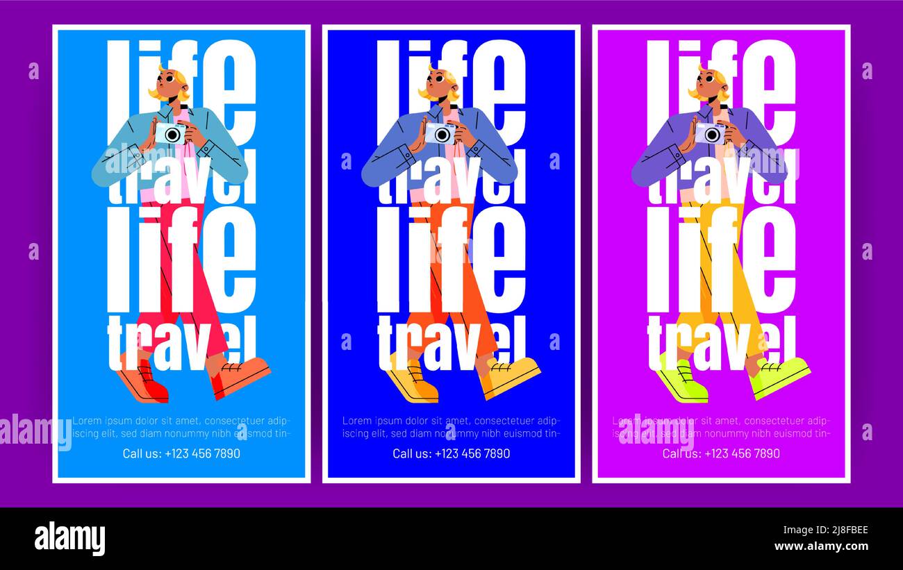 Travel and vacation posters with girl tourist with photo camera. Vector ...