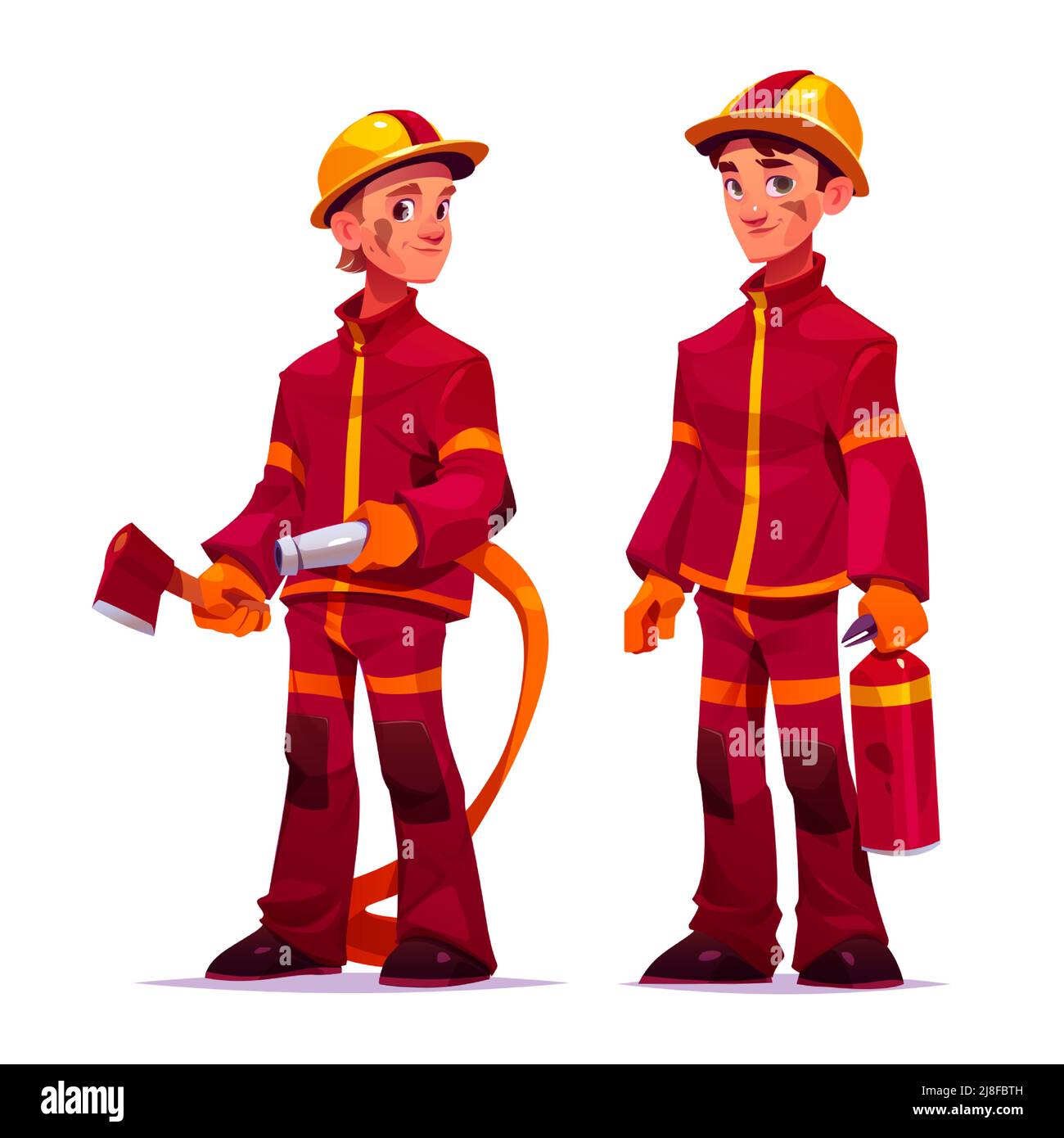 Firemen with extinguisher, water hose and ax. Vector cartoon ...