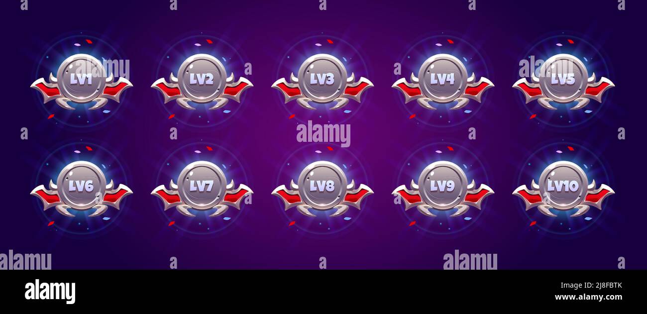 Game metal badges with level number. Vector cartoon set of silver ...