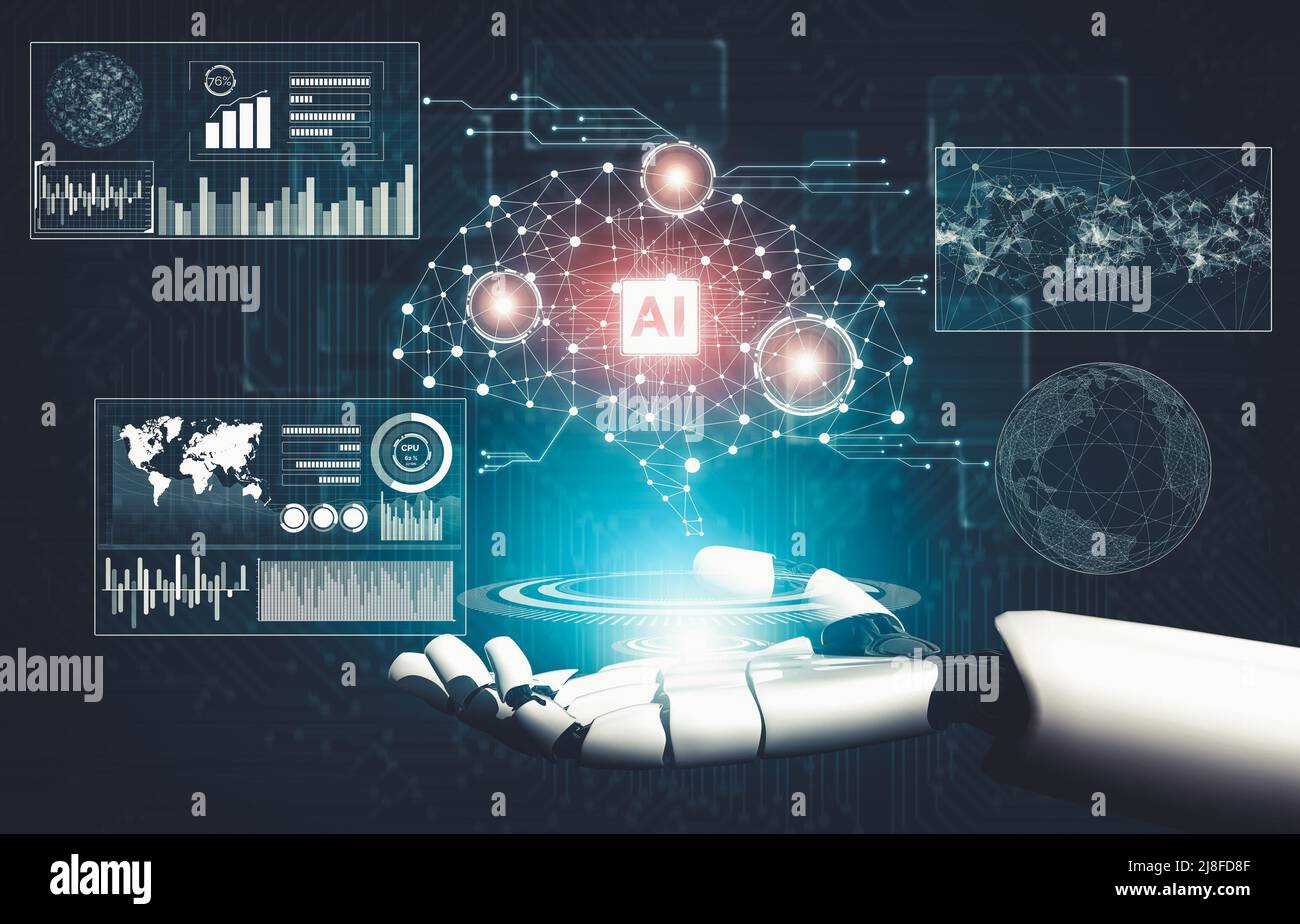 3D rendering futuristic droid robot technology development, artificial intelligence AI, and ...