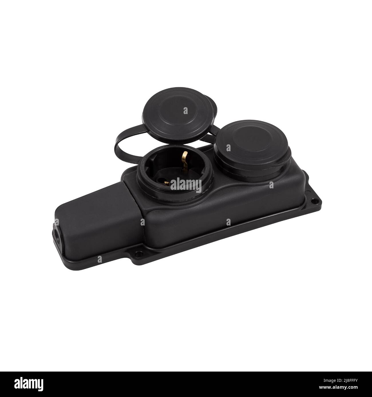 Protected socket with a cover and grounding isolated on a white ...