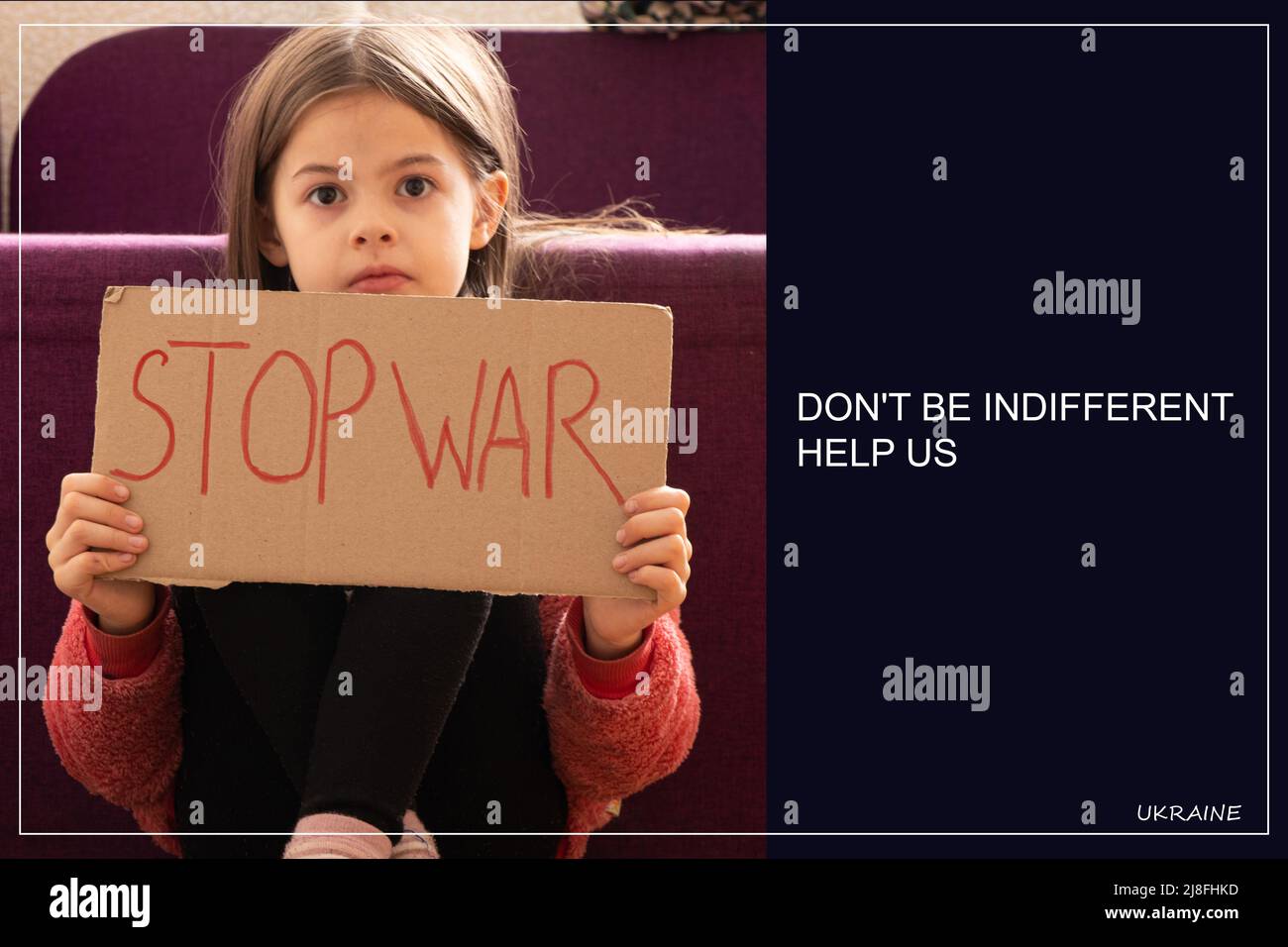 A little girl is holding a poster with the words Stop the war . Houses ...