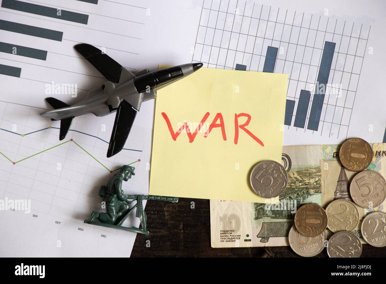 Russian money and a bar graph and children's military soldiers and an ...