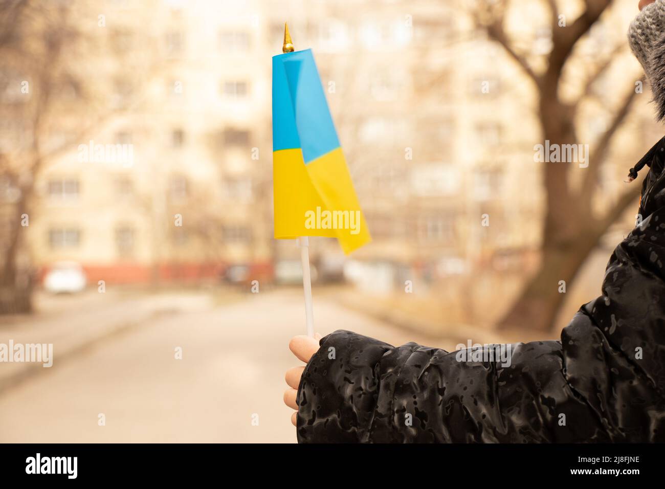 Ukrainian child in his hand holds the national flag of Ukraine in the ...