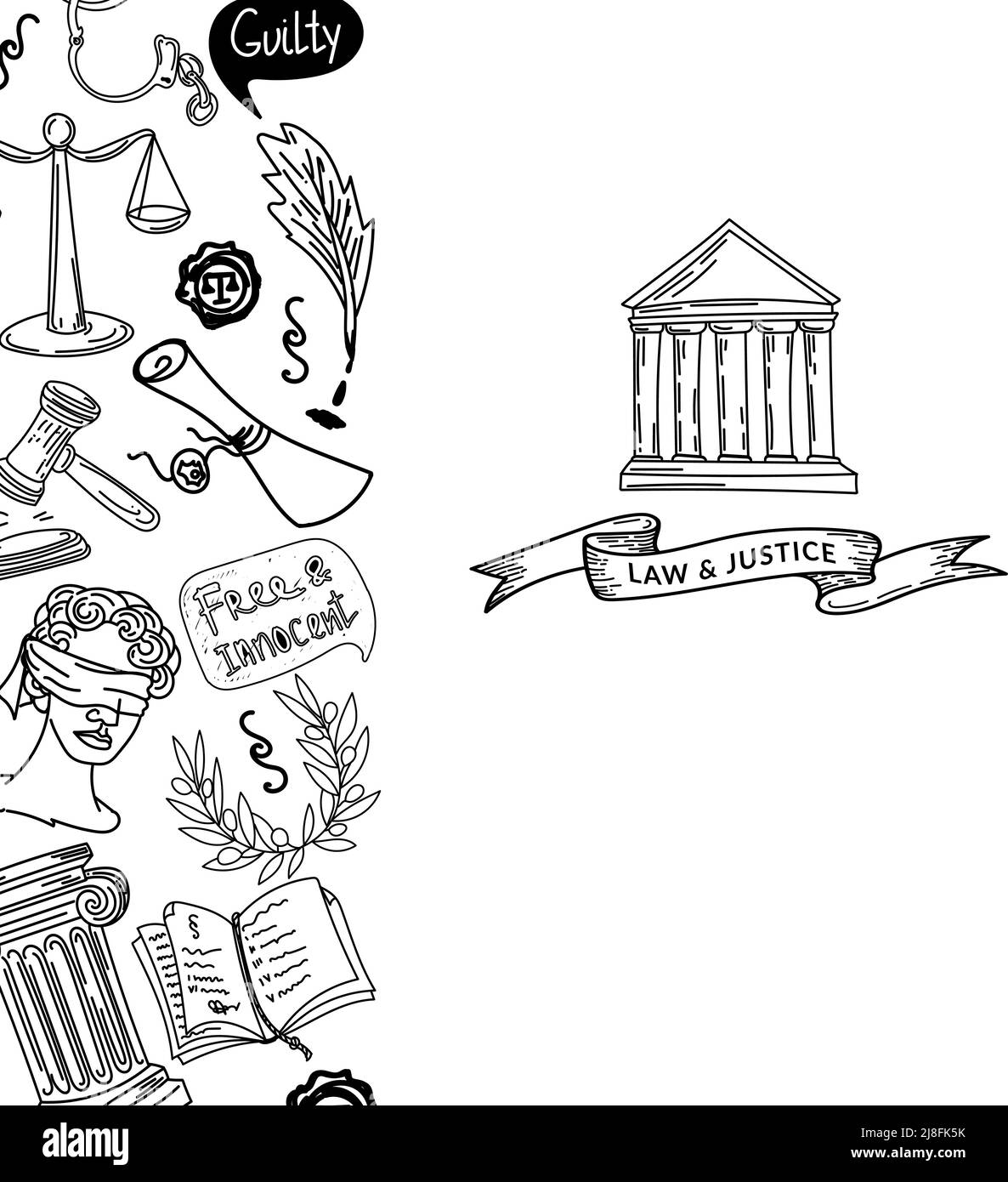 A banner with the symbols of law and justice, a hand-drawn sketch-style ...