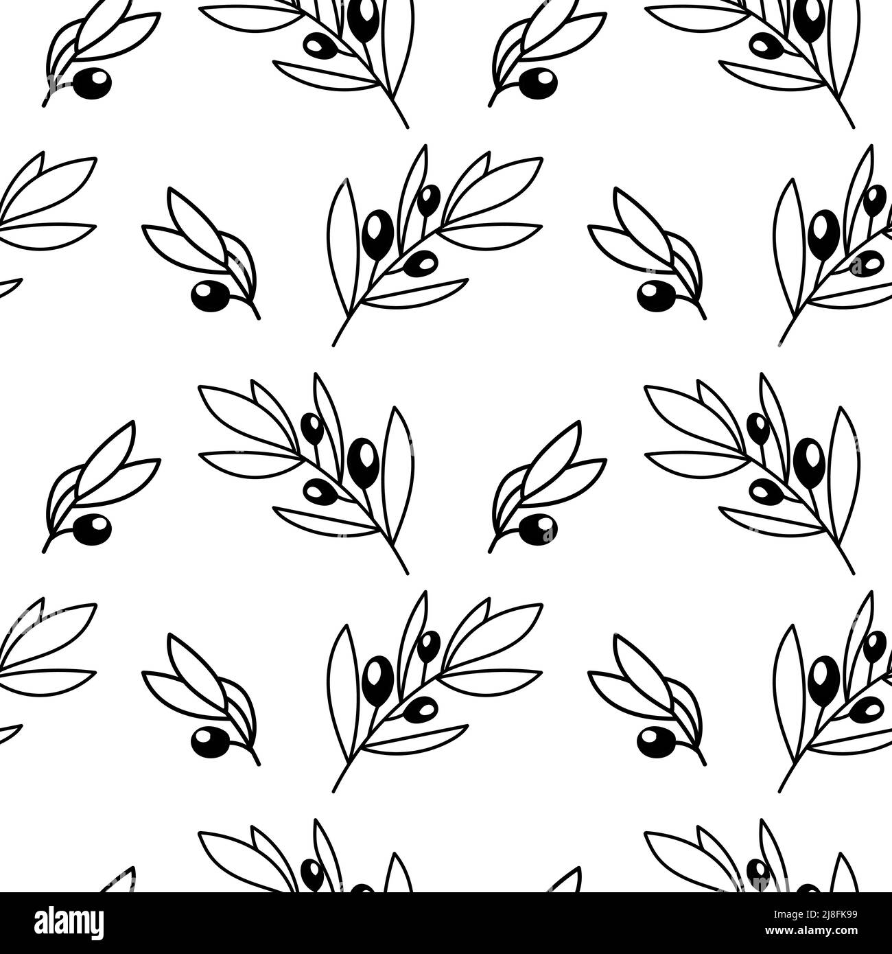 A seamless pattern of olive branches, hand-drawn doodle elements. Black ...