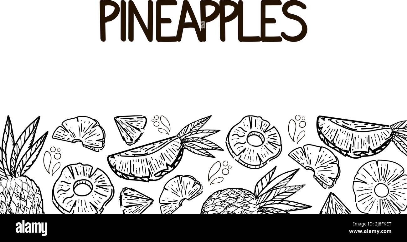 Template with pineapples drawn with sketch style doodle elements. Whole ...