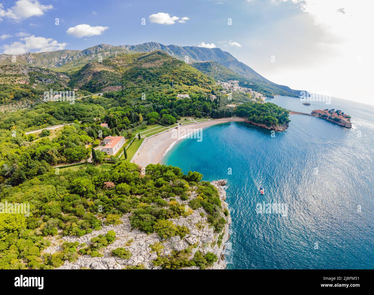 Queen's Beach in Milocer, Montenegro. Aerial view of sea waves and ...