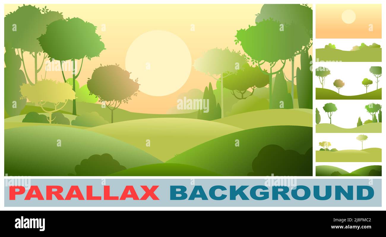 Rural beautiful landscape. Set parallax effect. Cartoon style. Hills ...