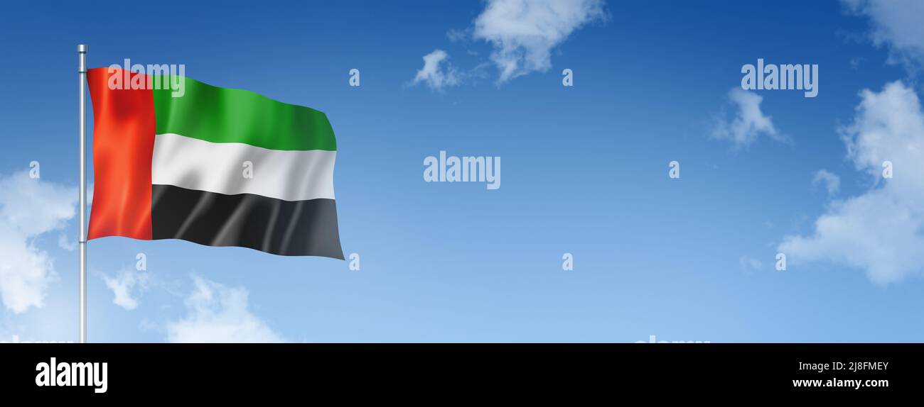 United Arab Emirates flag, three dimensional render, isolated on a blue ...