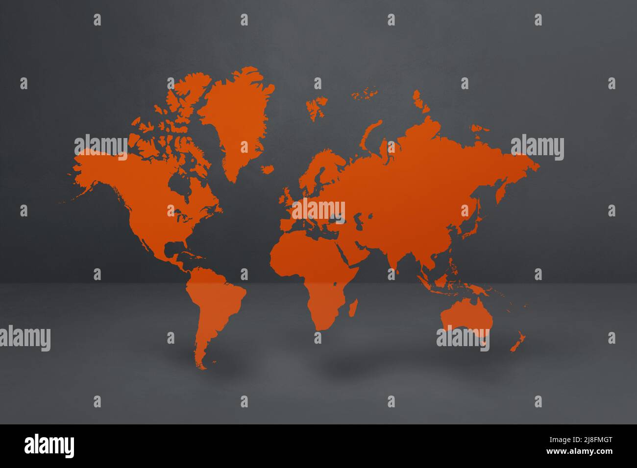 Orange world map isolated on black concrete wall background. 3D ...