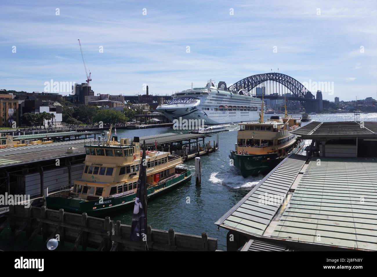 View of Circular Quay with Ferries, Cruise Ship and Harbour Bridge ...
