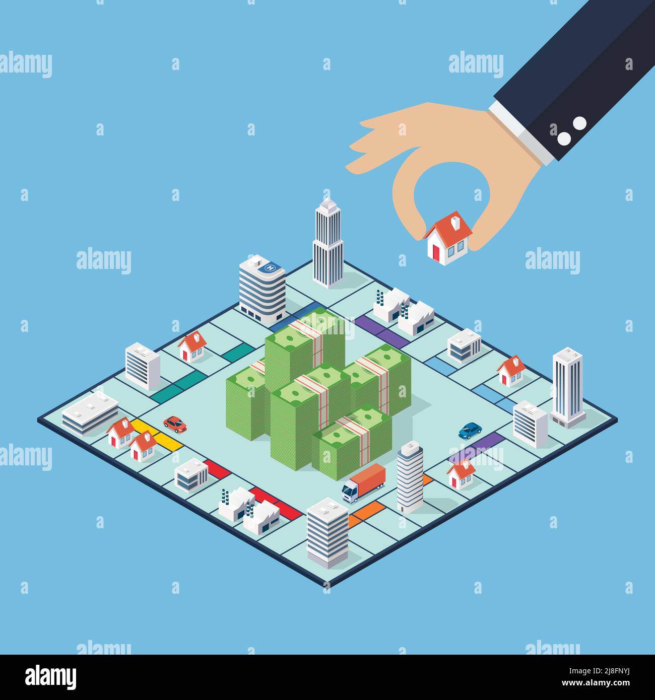 Real estate investment concept on board game. isometric buildings on ...