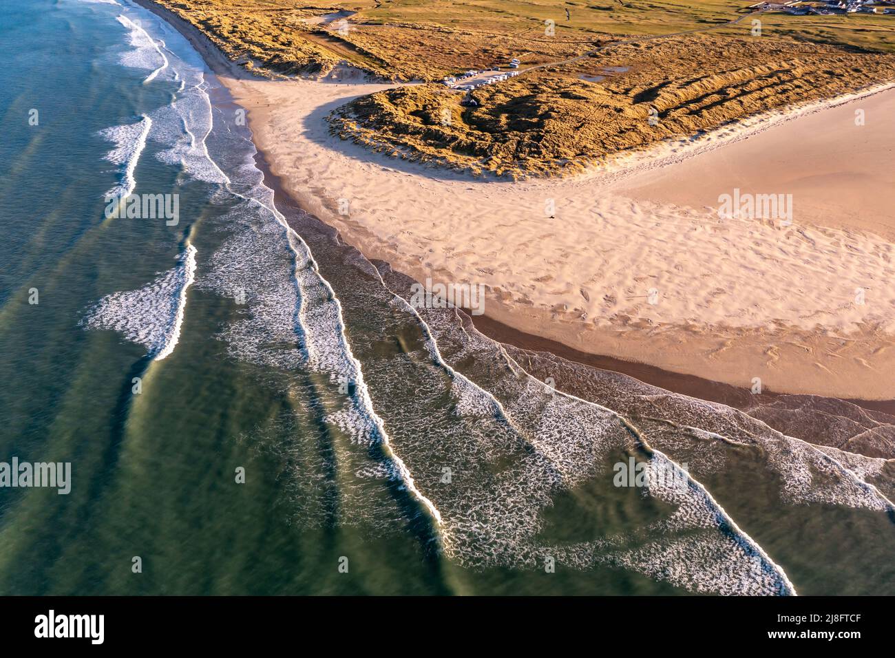 Aerial of the Beautiful Blue Flag Beach, Killahoey Strand near ...