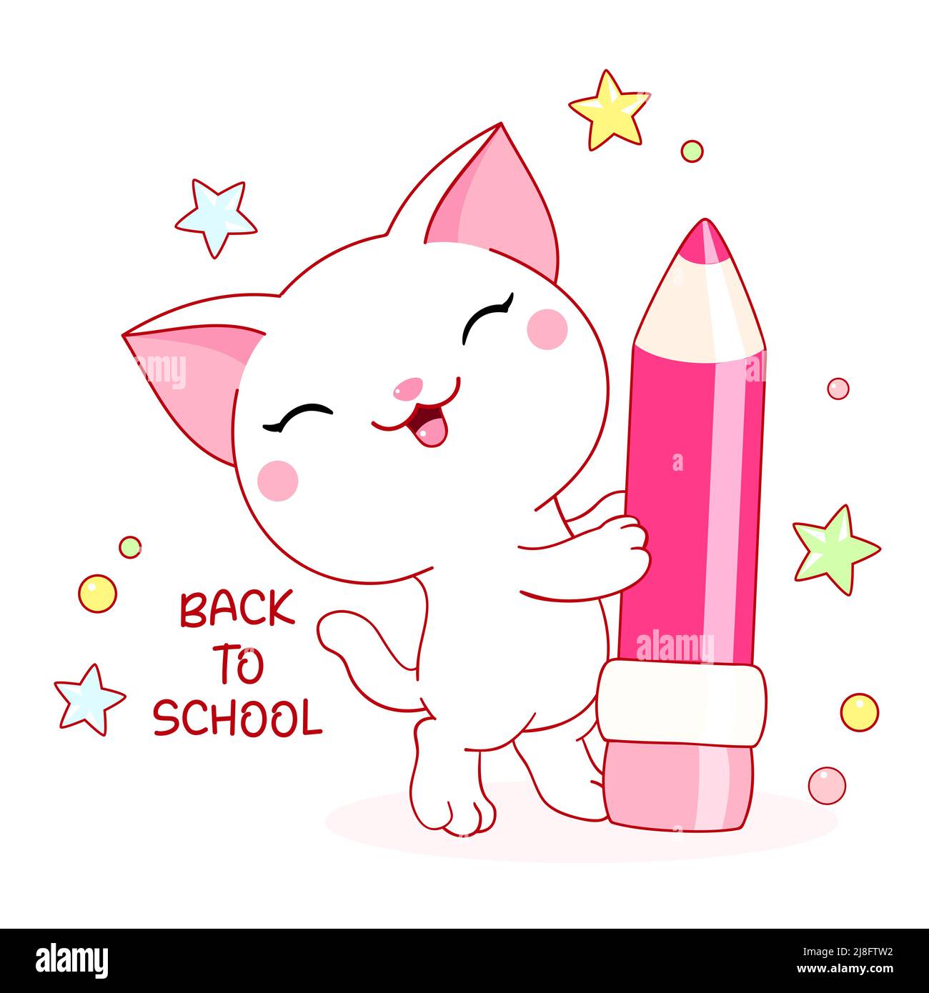 Back to school. Cute little white cat with pencil. Vector illustration ...