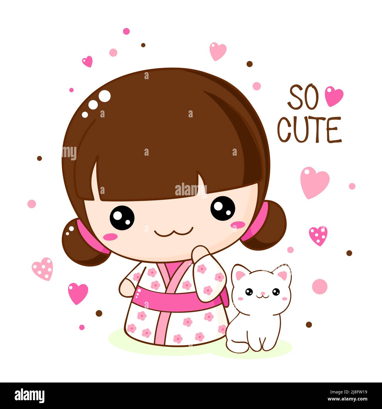 Cute little girl with kitty in kawaii style. Japanese traditional toy ...