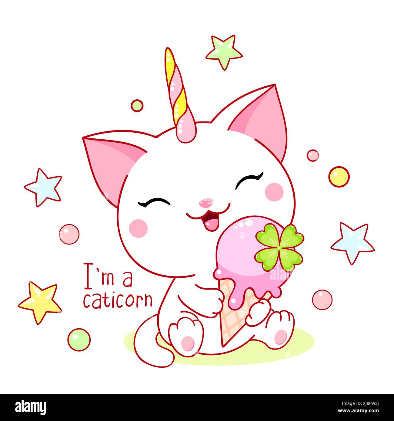 Cute card in kawaii style. Little unicorn cat with ice cream. Happy ...