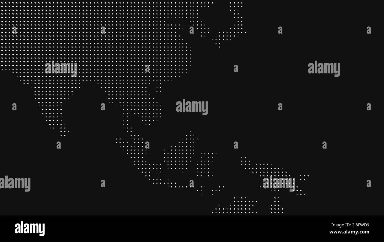 3d pixel world Asia map on black background. Digital dots in the form ...