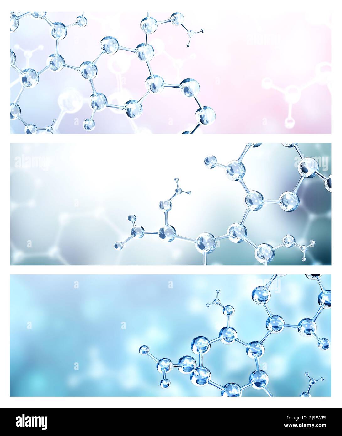 Set Of Horizontal Banners With Models Of Abstract Molecular Structure On Blue Background Copy