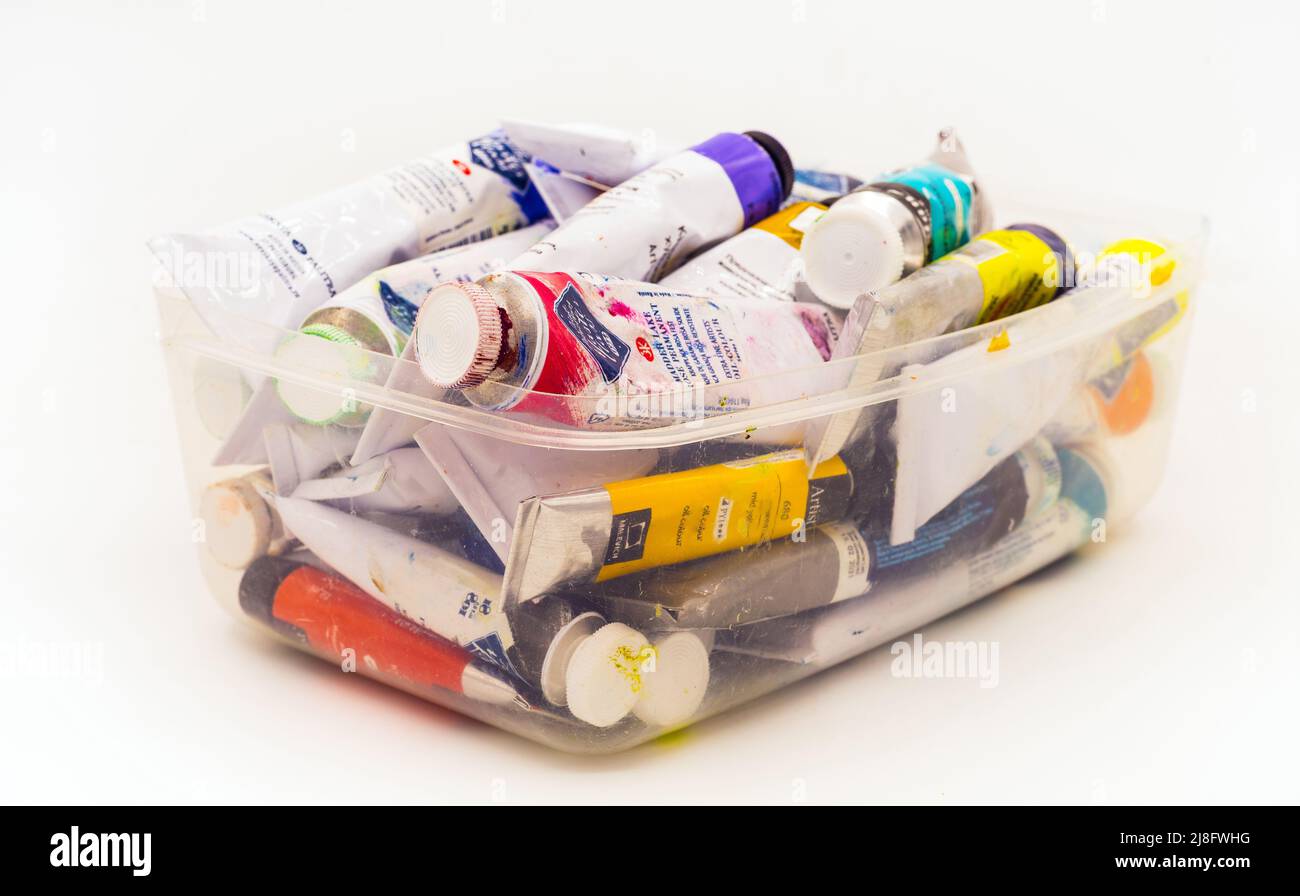 used tubes of paints in box Stock Photo - Alamy