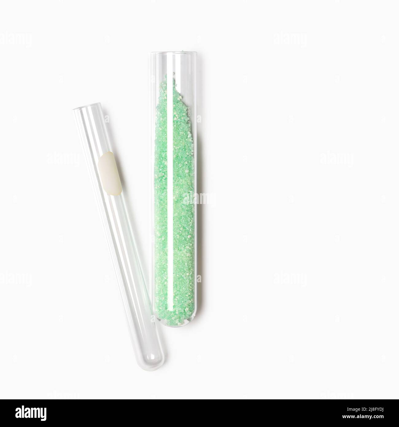 Closeup chemical ingredient on white laboratory table. Ferrous Sulfate ...