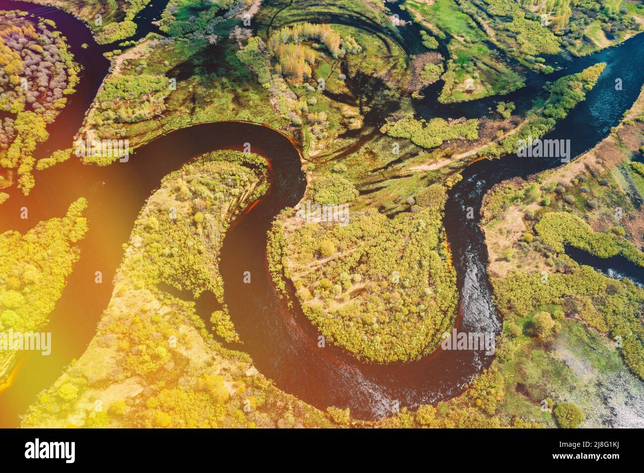 Aerial View Green Forest Woods And River Landscape In Sunny Spring ...